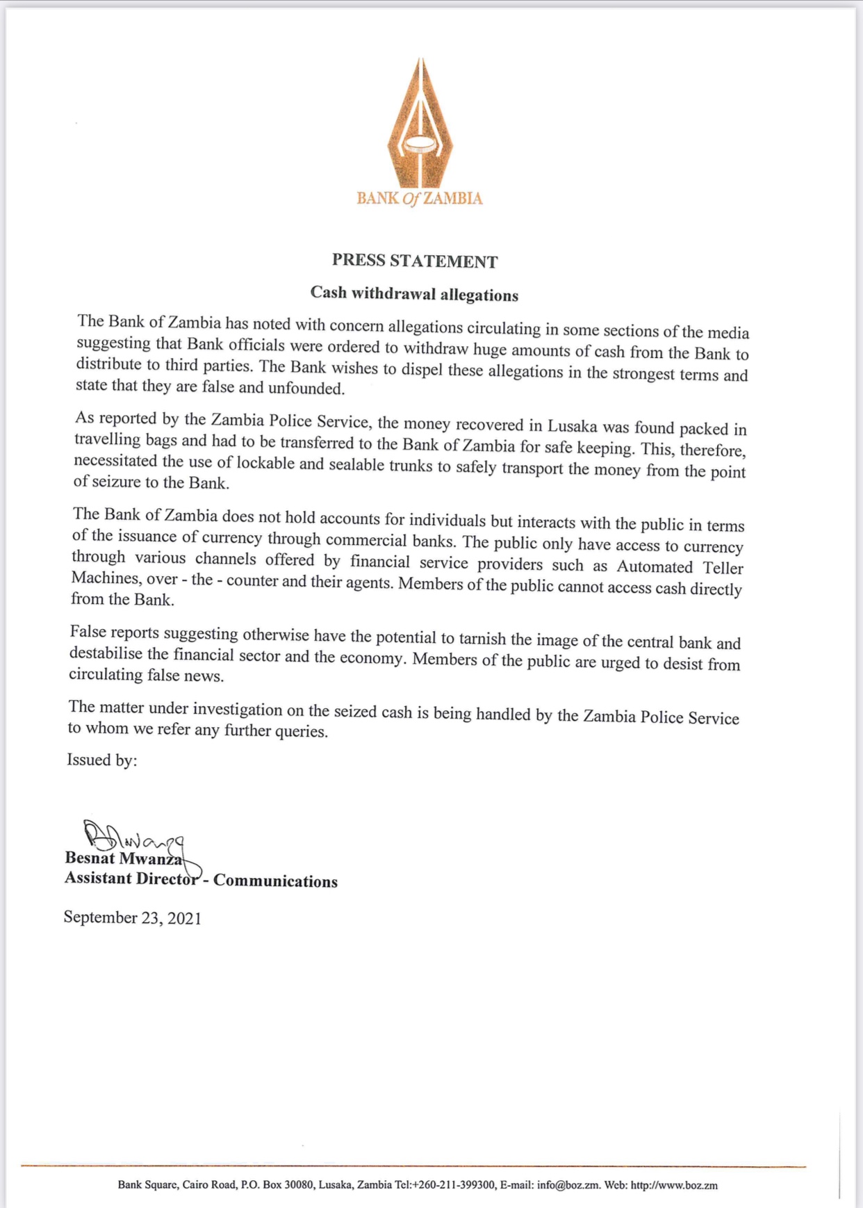 BOZ DISPELS REPORTS THAT THE K65 million AND US$ 57 FOUND AT THE ...