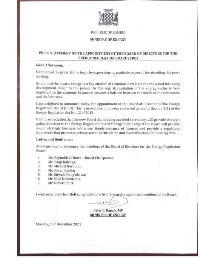 MINISTER OF ENERGY PETER KAPALA APPOINTS ERB BOARD OF DIRECTORS – Daily ...